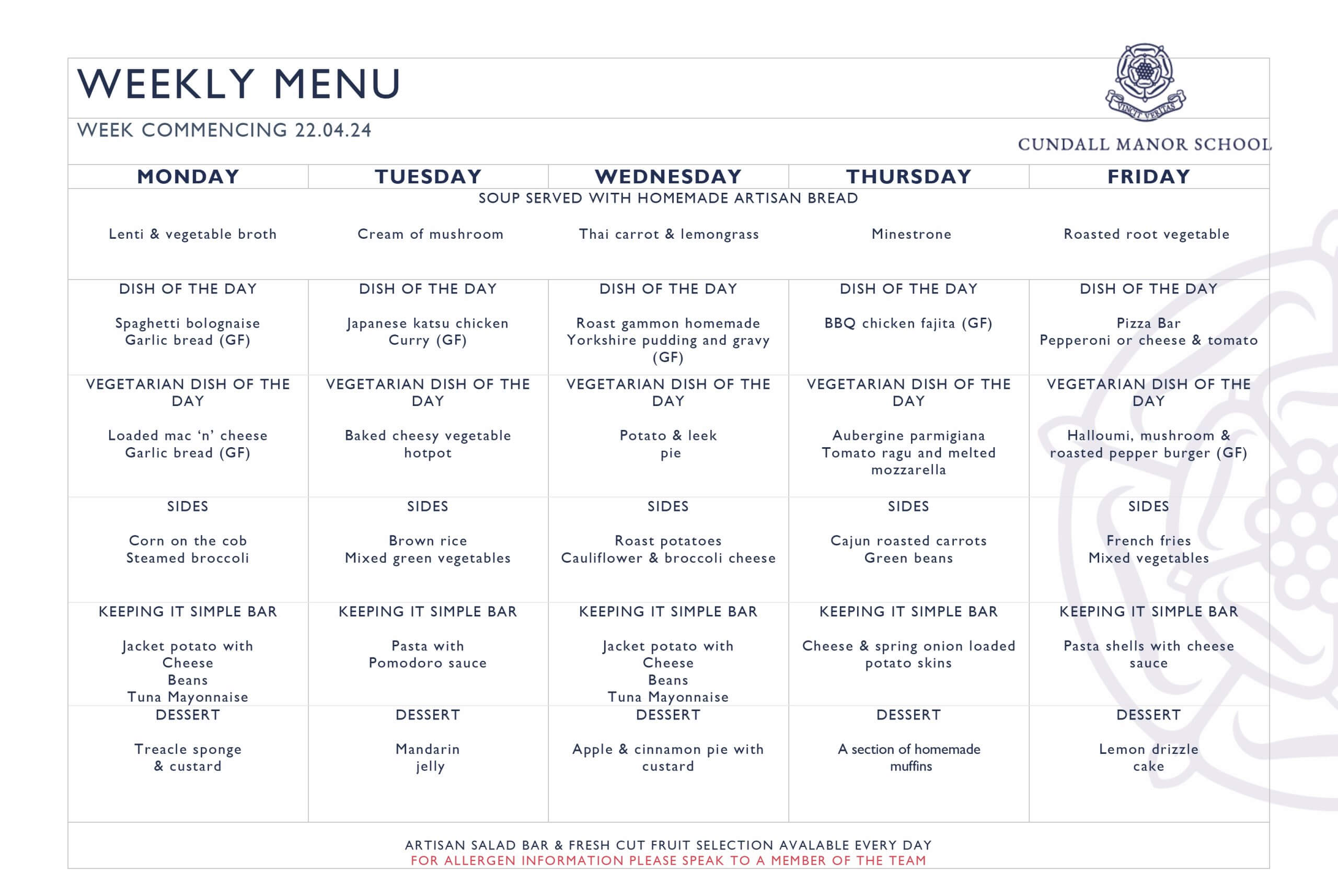 Lunch Menu - Cundall Manor